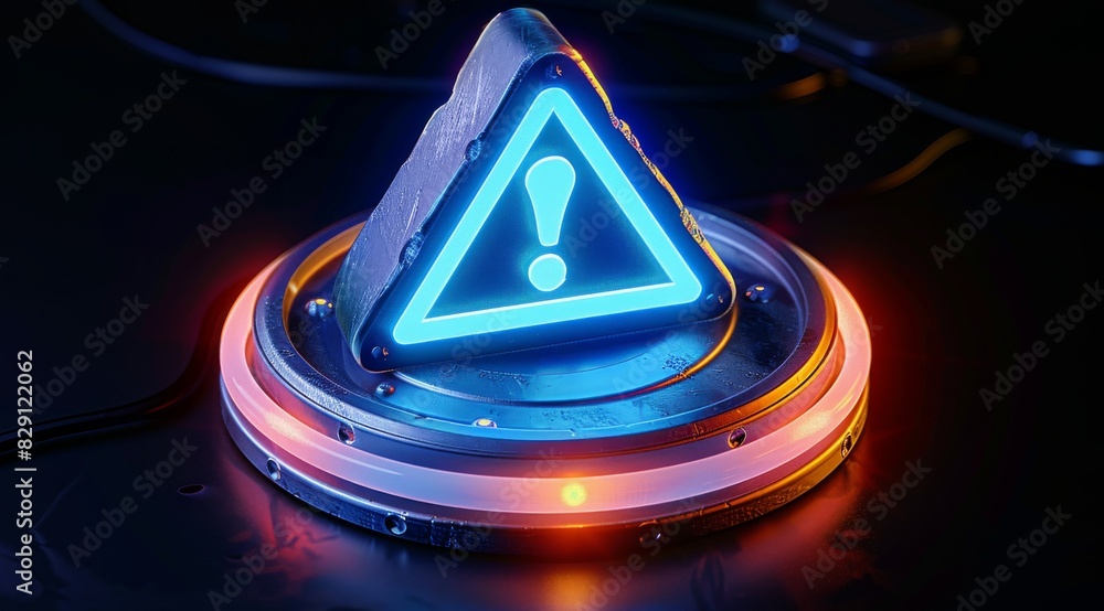 Render of an icon for warning, with a blue light on a black background ...