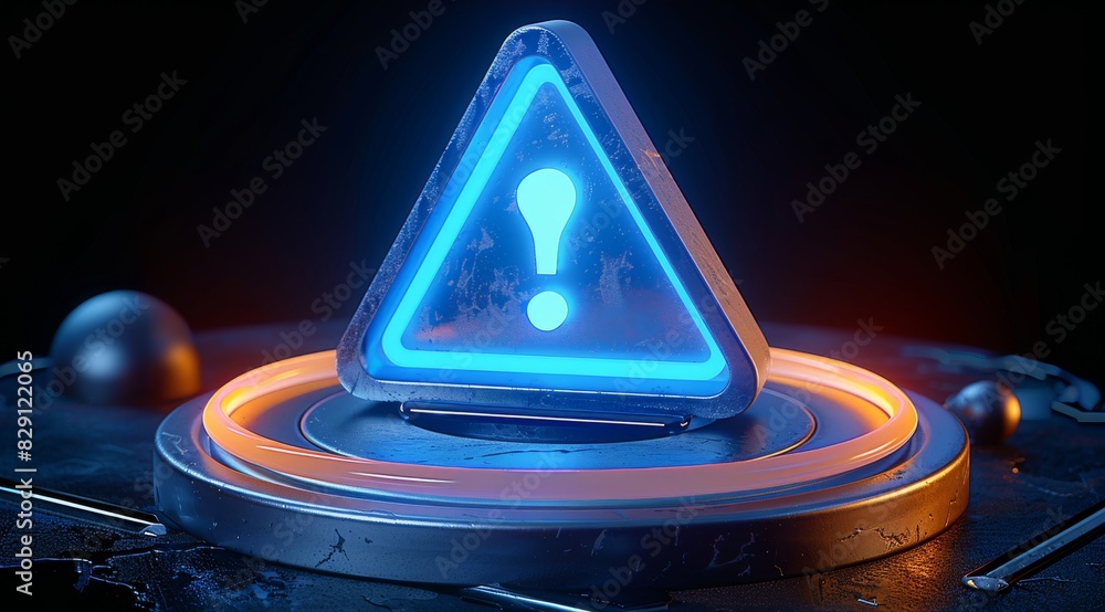 Render of an icon for warning, with a blue light on a black background ...