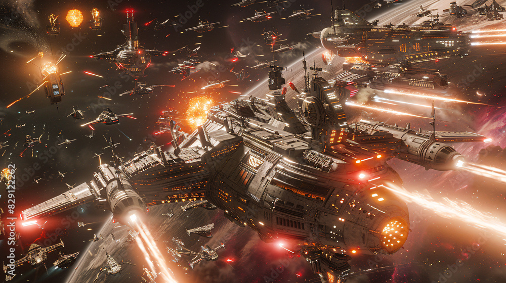 A dramatic space battle scene with futuristic pirate ships engaged in ...