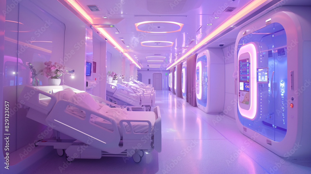 Inside a high-tech maternity ward of a futuristic hospital, where ...