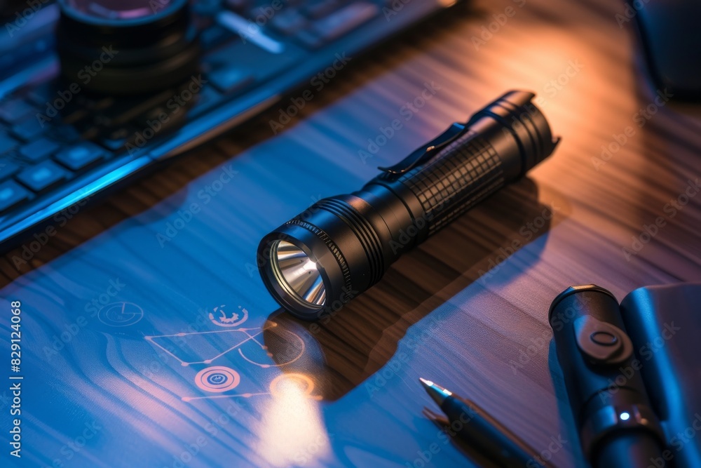 Flashlight and beam of light on a dark background. 3d rendering Stock ...
