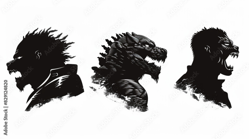 MONSTERS (Werewolf, Frankenstein and Godzilla) silhouettes 3D avatars ...