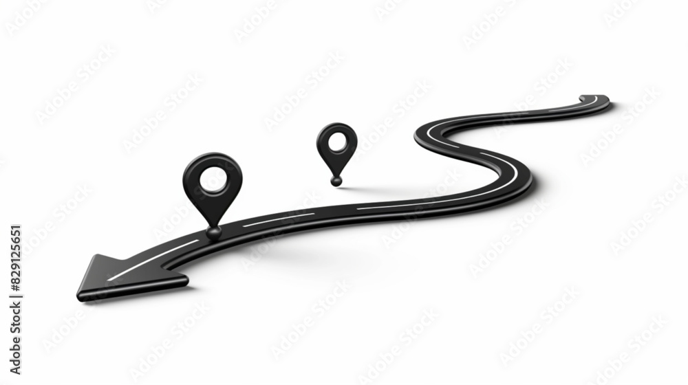 Route location icon, three map pin sign and road or path, start and end ...