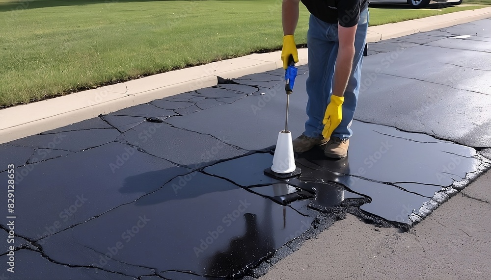 Applying tar sealant to fix fissures on pavement generative ai Stock ...