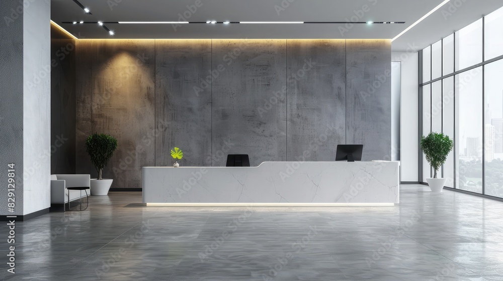 Business office lobby with minimalist decor and reception desk ...