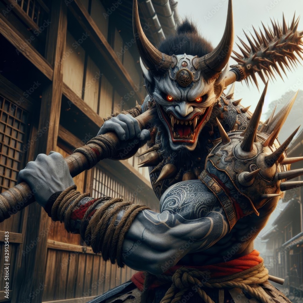 A sharp, detailed image of an Oni wielding a kanabo (spiked club), in a traditional Japanese ...