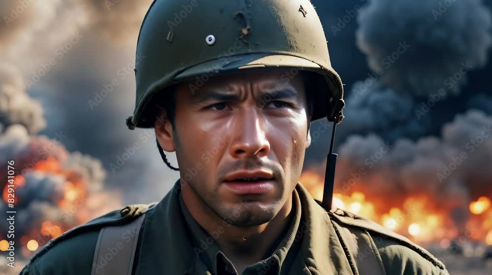 A crying soldier against a background of explosions and fire. Created ...