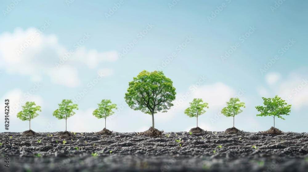 A time-lapse style image showing a tree's growth from a seedling to a ...
