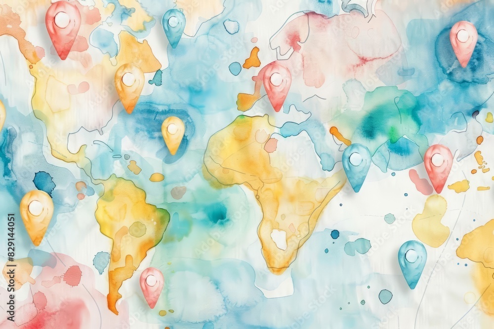 A watercolor clipart of a cute, simplified map with pastel colors and ...