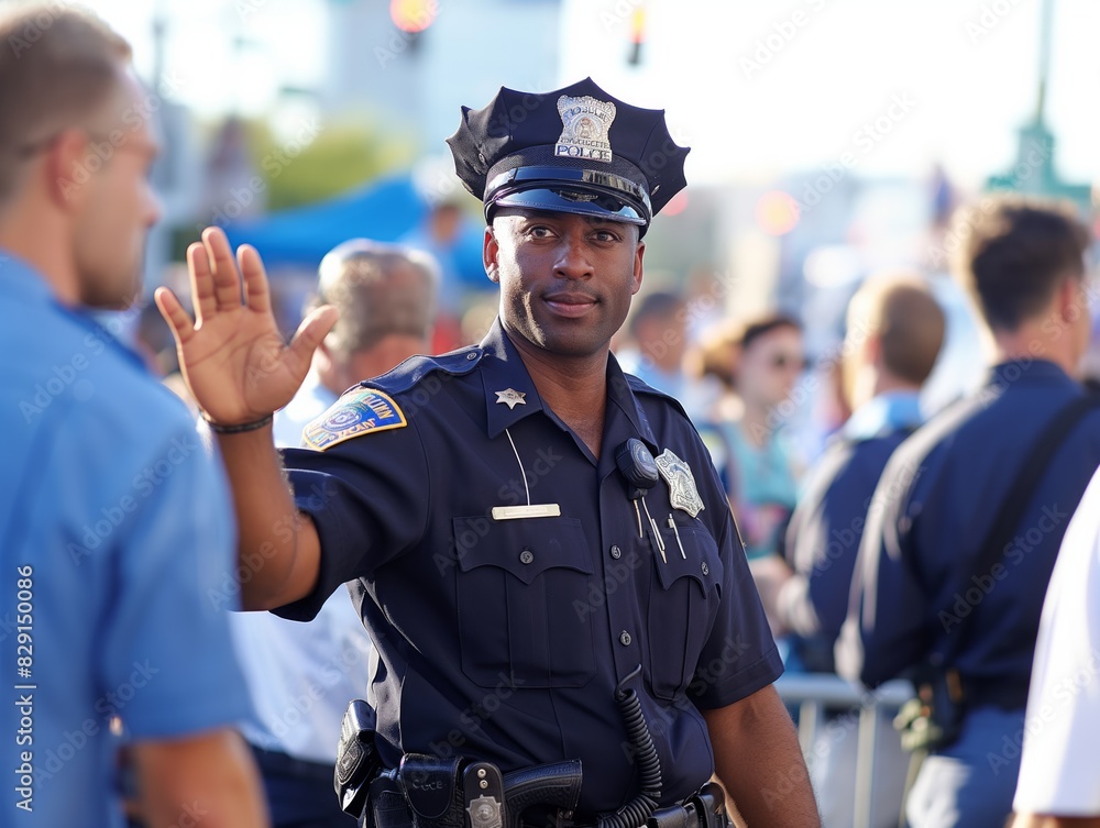 A police officer is standing in front of a crowd of people, waving his ...