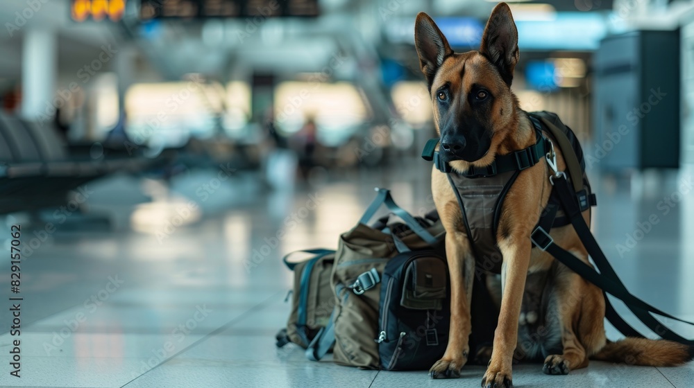 K9 police sniffer dog diligently inspecting luggage for safety and ...