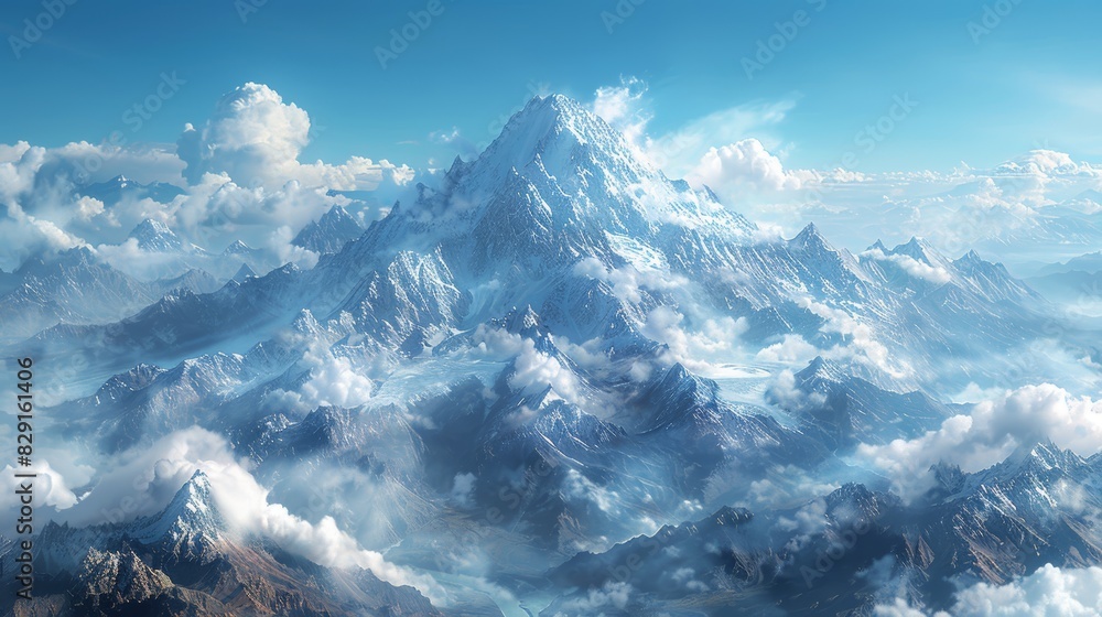 Majestic snowy mountain peak towering over clouds under a clear blue ...