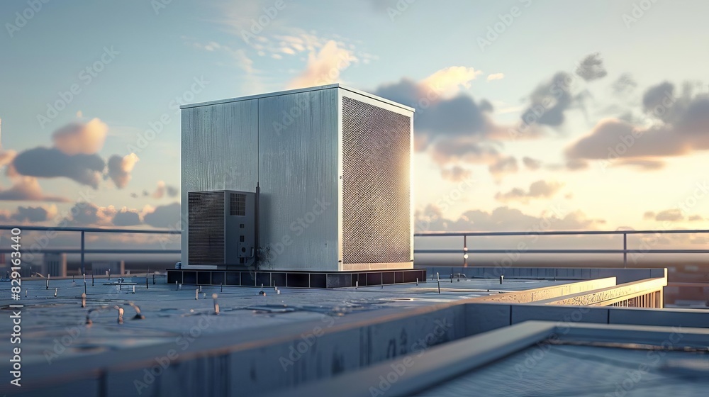 industrial air condenser unit perched atop a roof deck efficiently ...