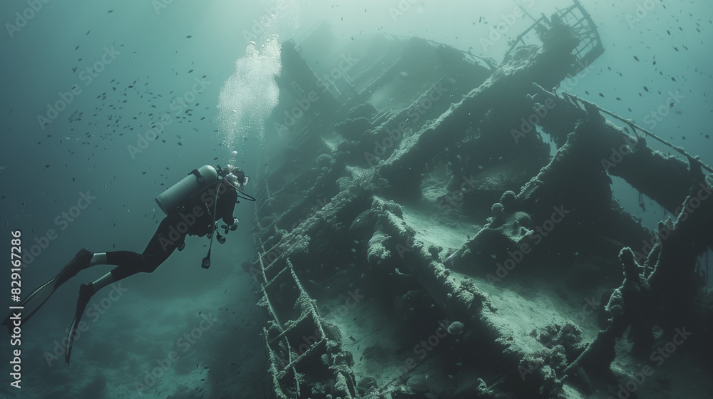 A diver swimming around a sunken shipwreck, exploring its remains, with ...
