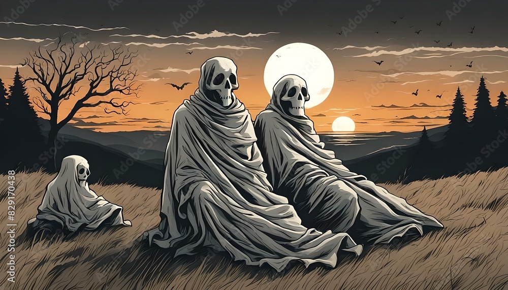 Skeleton Ghosts on a Hilltop at Night Stock Photo | Adobe Stock