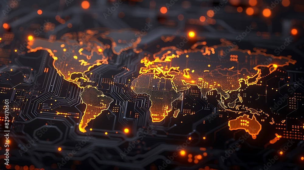 A digital world map against a dark background, continents are connected ...