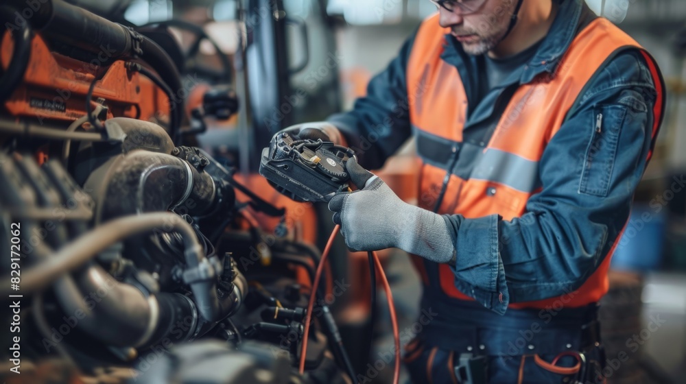 A mechanic using a diagnostic tool to troubleshoot a malfunctioning ...