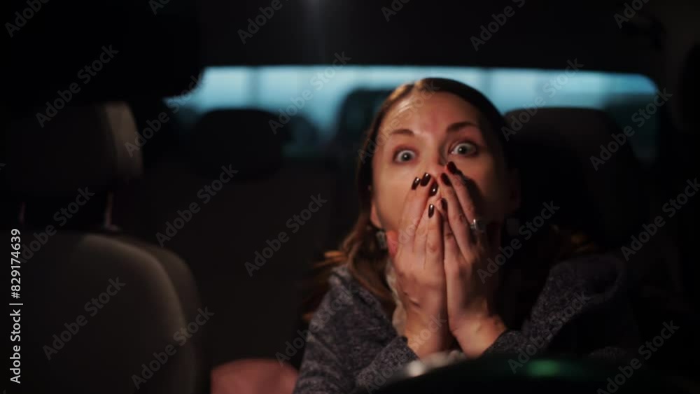 Curious woman looks with intense attention widening eyes sitting in car ...