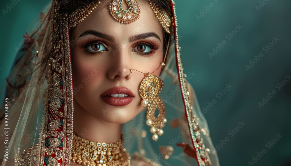Beautiful model in traditional Indian bridal attire and heavy jewelry ...