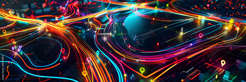 3D rendering of colorful neon light trails and paths moving on a map ...