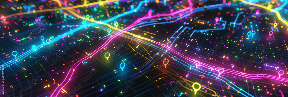 3D rendering of colorful neon light trails and paths moving on a map ...