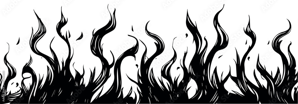 Border fire flame. Flaming pattern. Flammable horizontal line. Black on ...
