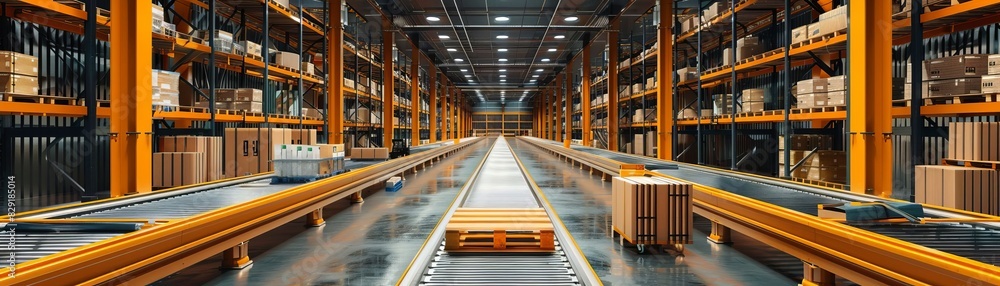 Modern automated warehouse with organized shelves of boxes and packages ...