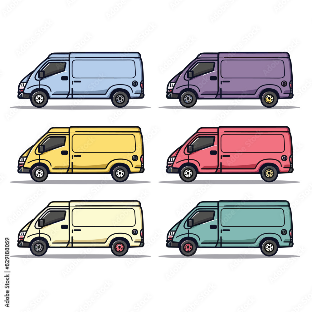 Six colorful delivery vans side view cartoon, graphical style isolated ...