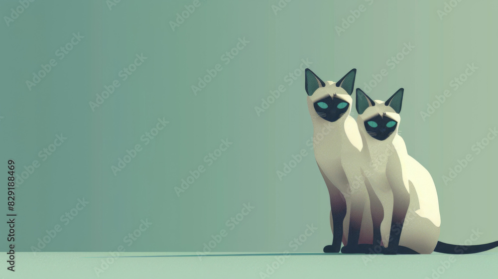 Two Siamese cats with distinctive blue eyes and striking color points, posed together on a soft ...
