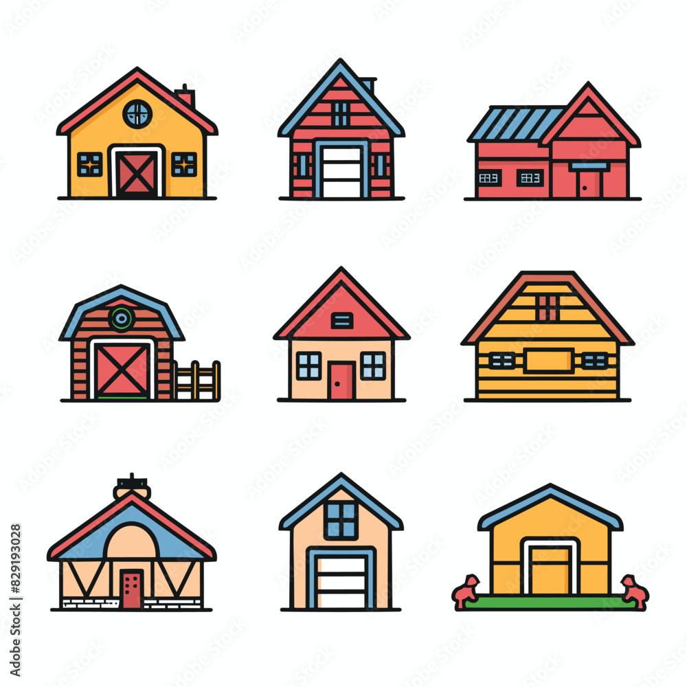 Nine colorful cartoon houses, flat line vector illustration set ...