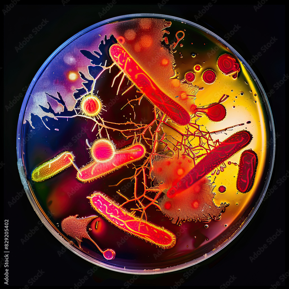 Microscopic view of bacteria in a petri dish with nutrient agar ...