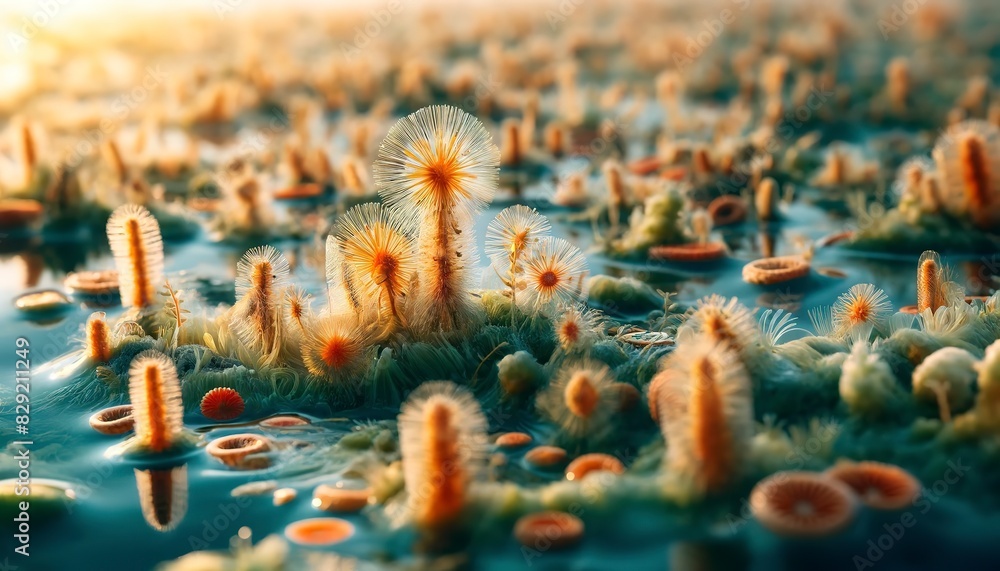 A close-up view of water-filtering organisms in an acidic lake, showing ...