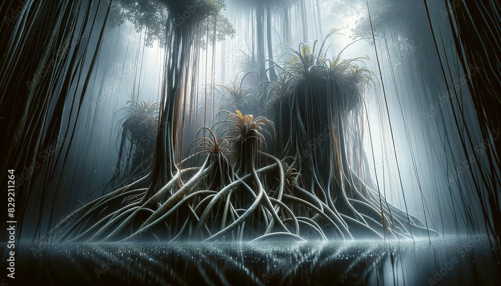 A close-up view of the aerial roots of a giant swamp organism, showing ...