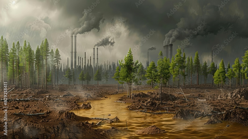 Industrial pollution impacting forest environment with smoke and ...