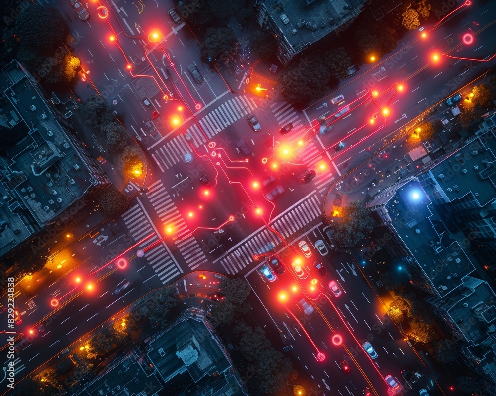Aerial view of a city street intersection lit up with glowing red ...
