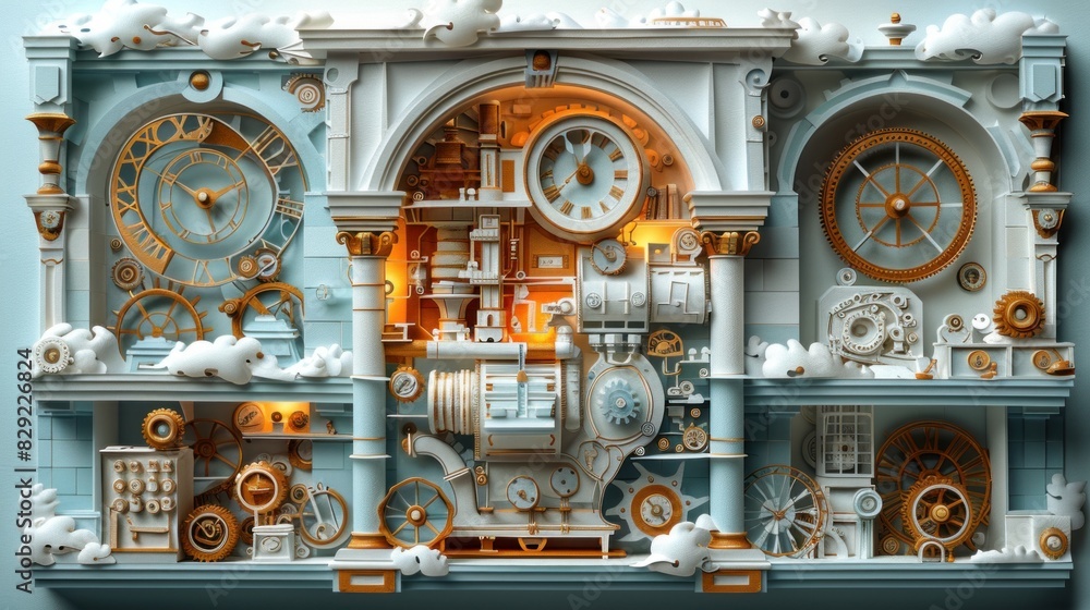 Create a paper cut illustration of an old printing press with detailed ...