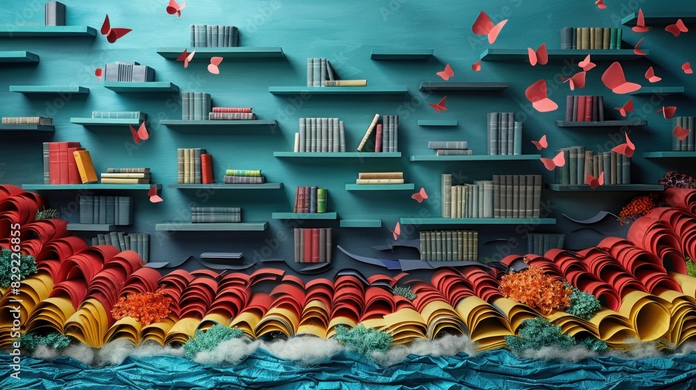 Illustrate a paper cut of a library with books and artifacts flying off ...