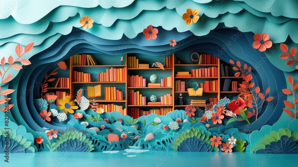 Illustrate a paper cut of a library with books and artifacts flying off ...