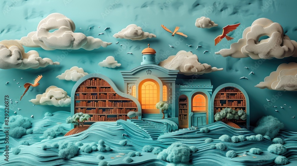 Illustrate a paper cut of a library with books and artifacts flying off ...