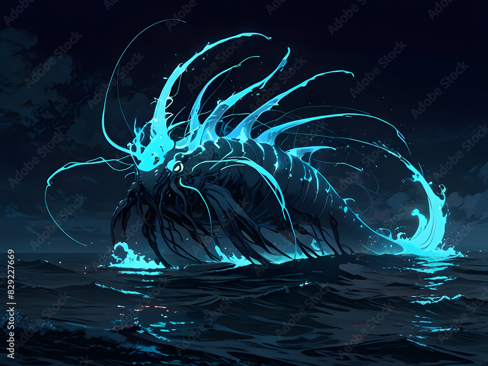 A mysterious sea creature with a bioluminescent body and long, flowing ...