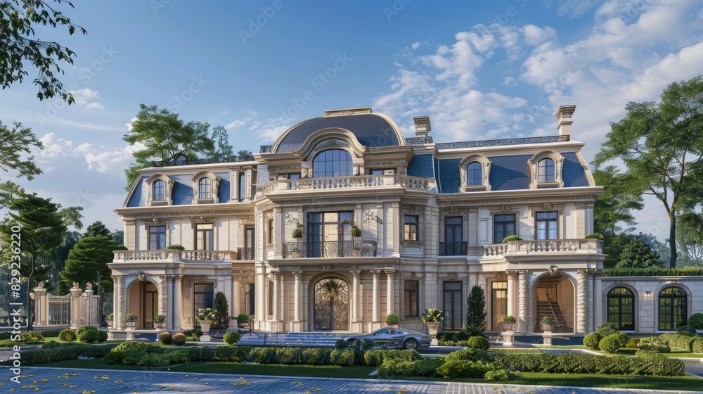 3D rendering of a luxury villa exterior with a front view, mansion in a ...