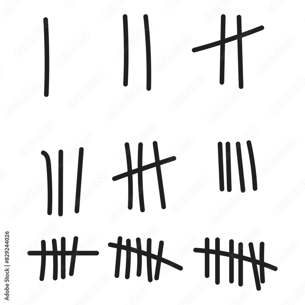 Lines or sticks hand drawn with brush strokes sorted. Tally mark number ...