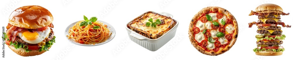 A row of food items including a sandwich, a pizza, burger, a bowl of ...