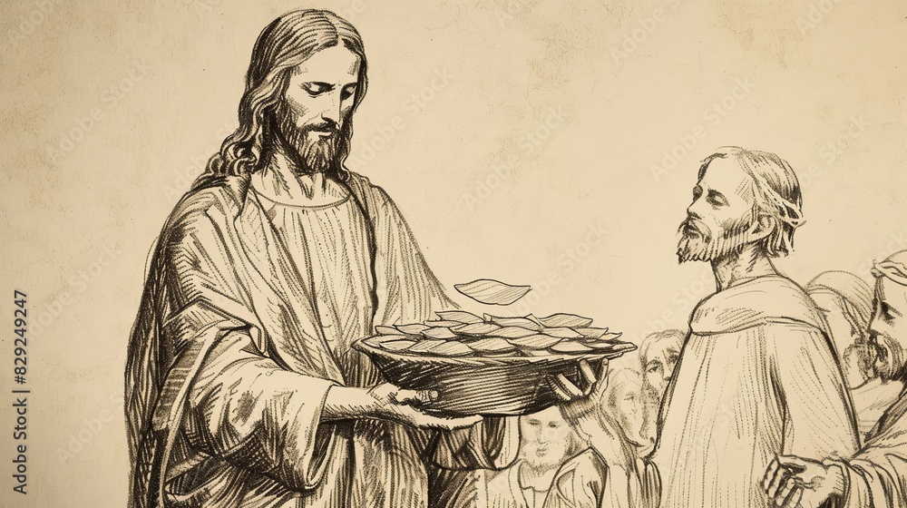 Jesus Multiplying Loaves and Fishes to Feed 5,000, Crowd, Biblical ...
