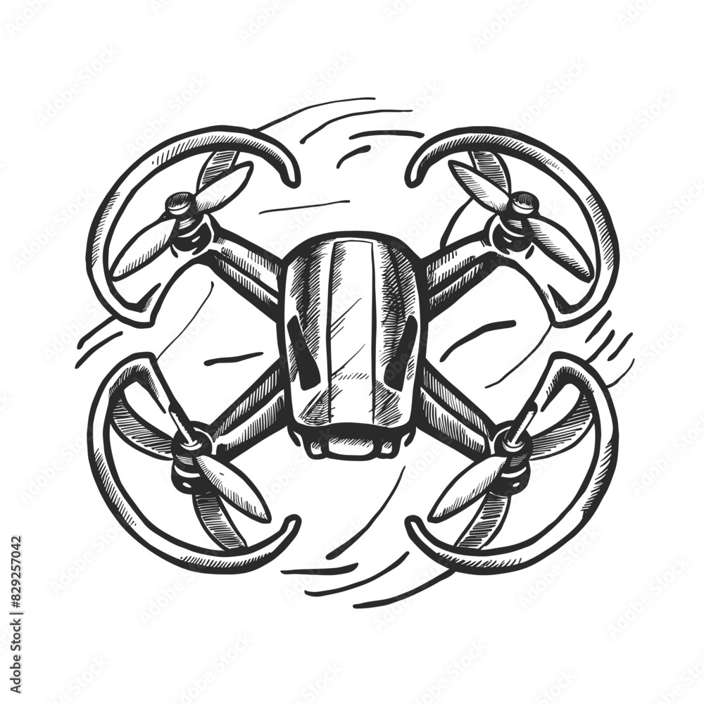 Drone engraved style ink sketch drawing, black and white vector ...