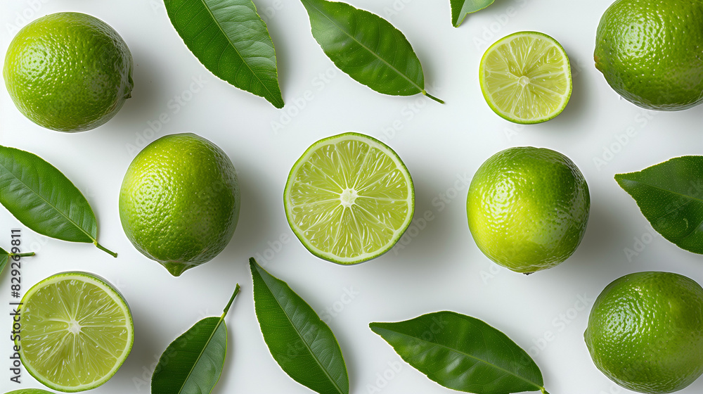 Graphic design poster art of limes with lime leaves laid out in ...