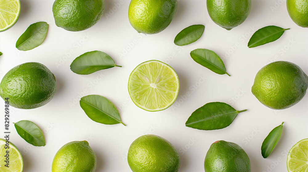 Graphic design poster art of limes with lime leaves laid out in ...