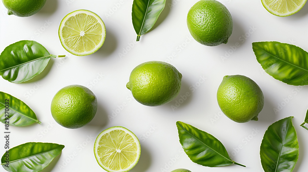 Graphic design poster art of limes with lime leaves laid out in ...