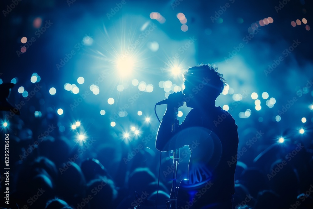 Singer on stage with bright lights packed dance floor audience holding ...