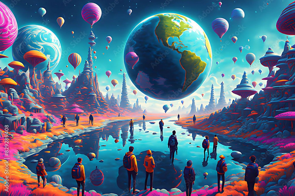 3D trippy psychedelic cartoon-style illustration of people on Earth ...